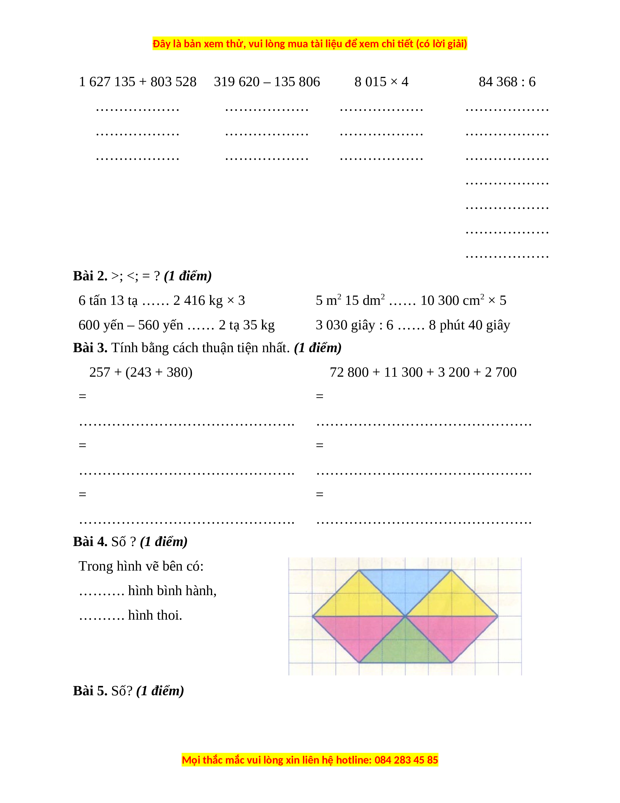 Đề thi cuối kì 1 Toán lớp 4 Kết nối tri thức - Đề 11