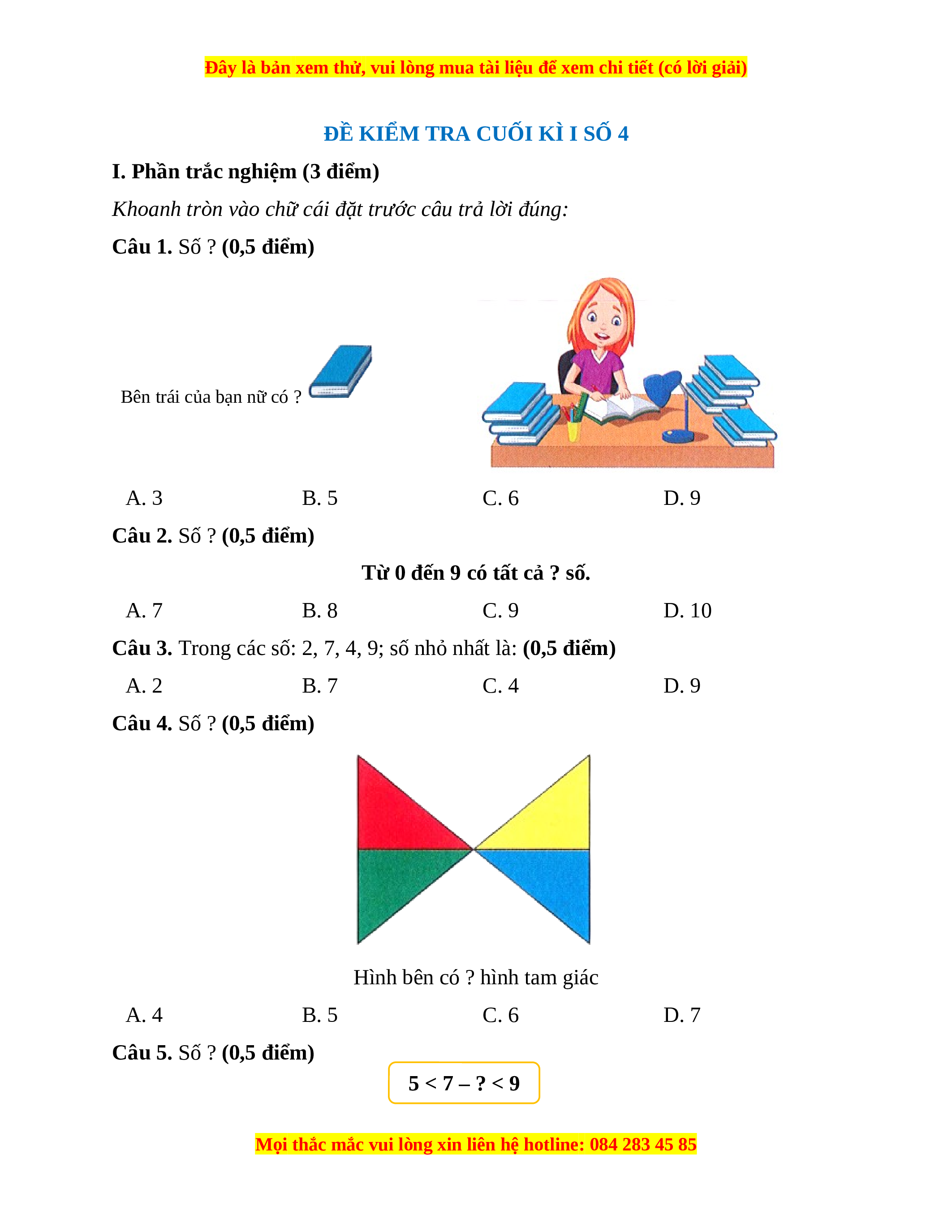Đề thi cuối kì 1 Toán lớp 1 Chân trời sáng tạo - Đề 4