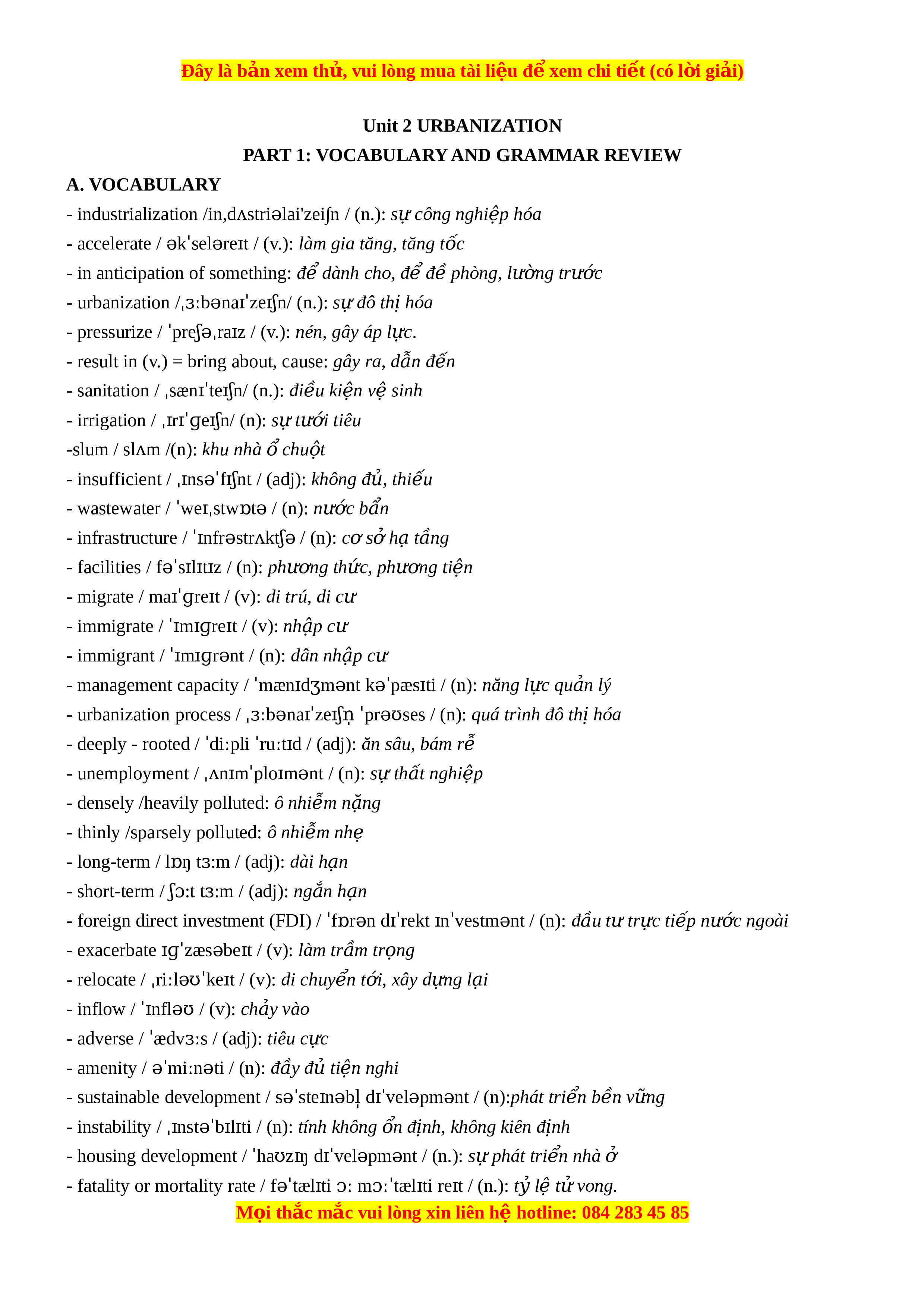 Trắc nghiệm Unit 2: Urbanization Tiếng Anh 12 - Bùi Văn Vinh | DOC