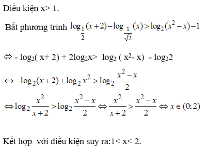 Tìm tập nghiệm S của phương trình log1/2(x+2) - log1/căn(2)x > log2(x^2 ...