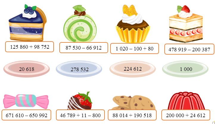 Nối phép tính với kết quả tương ứng để xếp những chiếc bánh và kẹo vào đĩa: