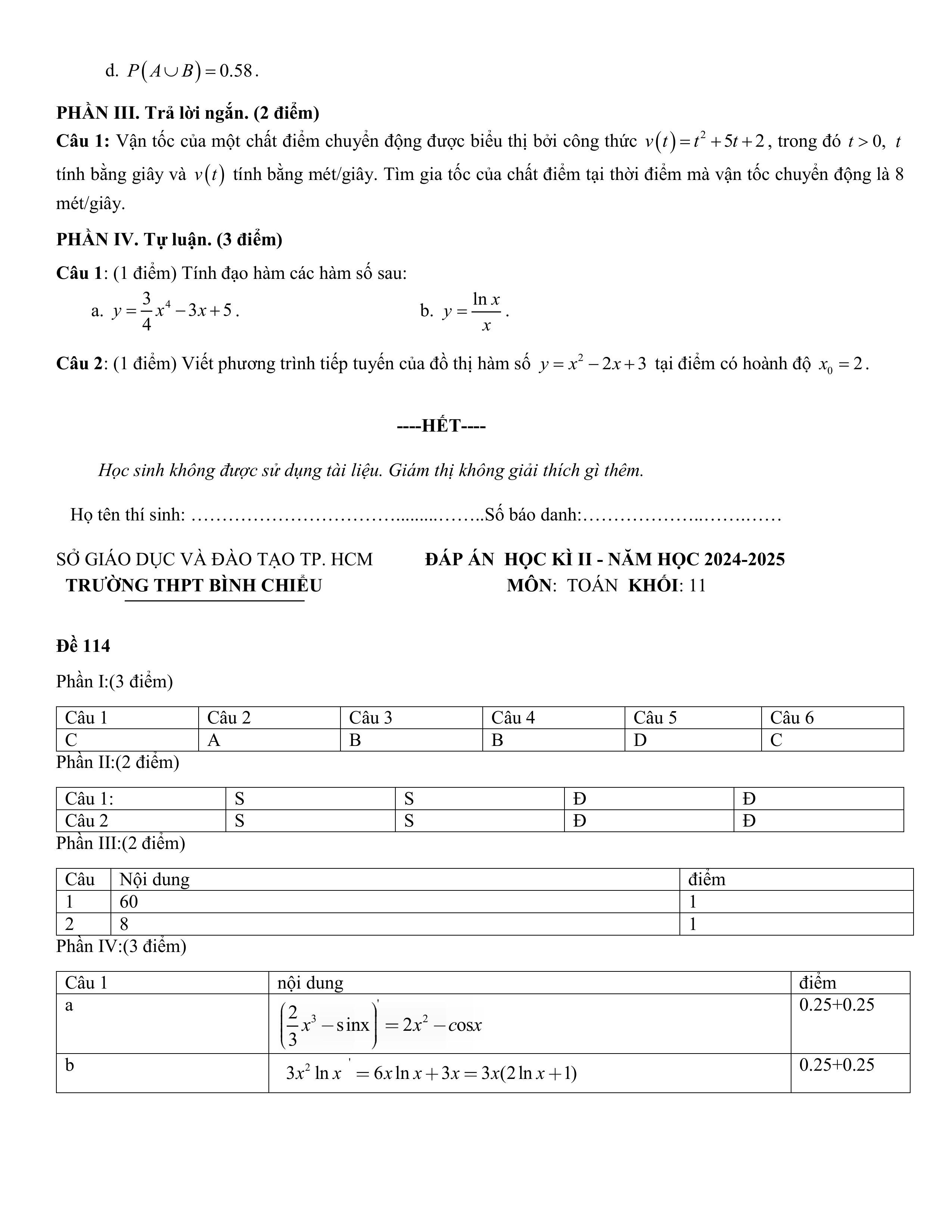 Đề thi Học kì 2 Toán 11 trường THPT Bình Chiểu (Hồ Chí Minh) năm 2024–2025