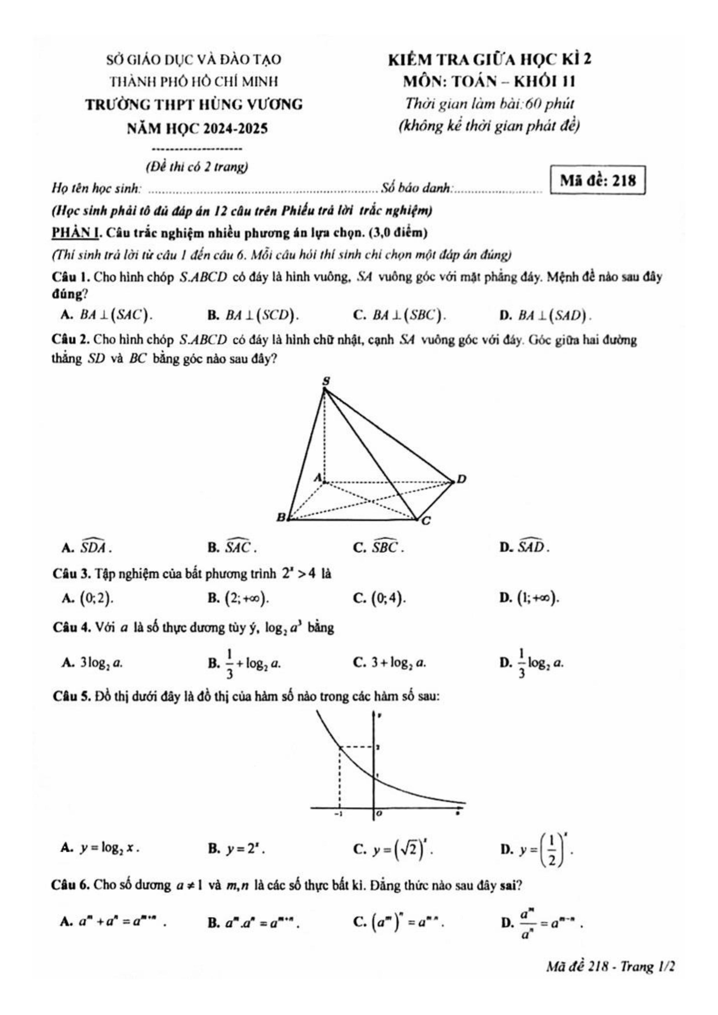 Đề thi Giữa kì 2 Toán 11 trường THPT Hùng Vương (thành phố Hồ Chí Minh ...