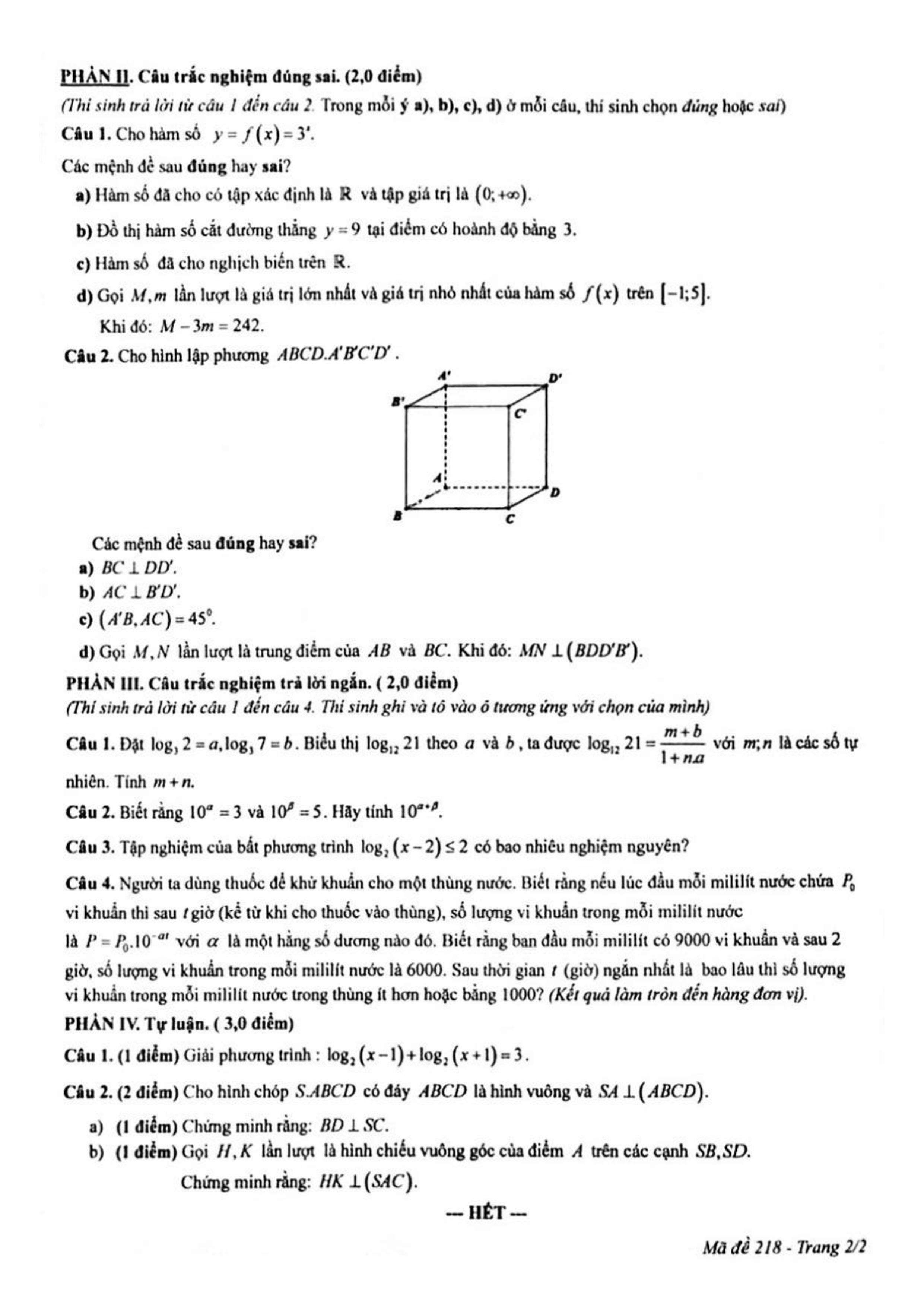Đề thi Giữa kì 2 Toán 11 trường THPT Hùng Vương (thành phố Hồ Chí Minh ...