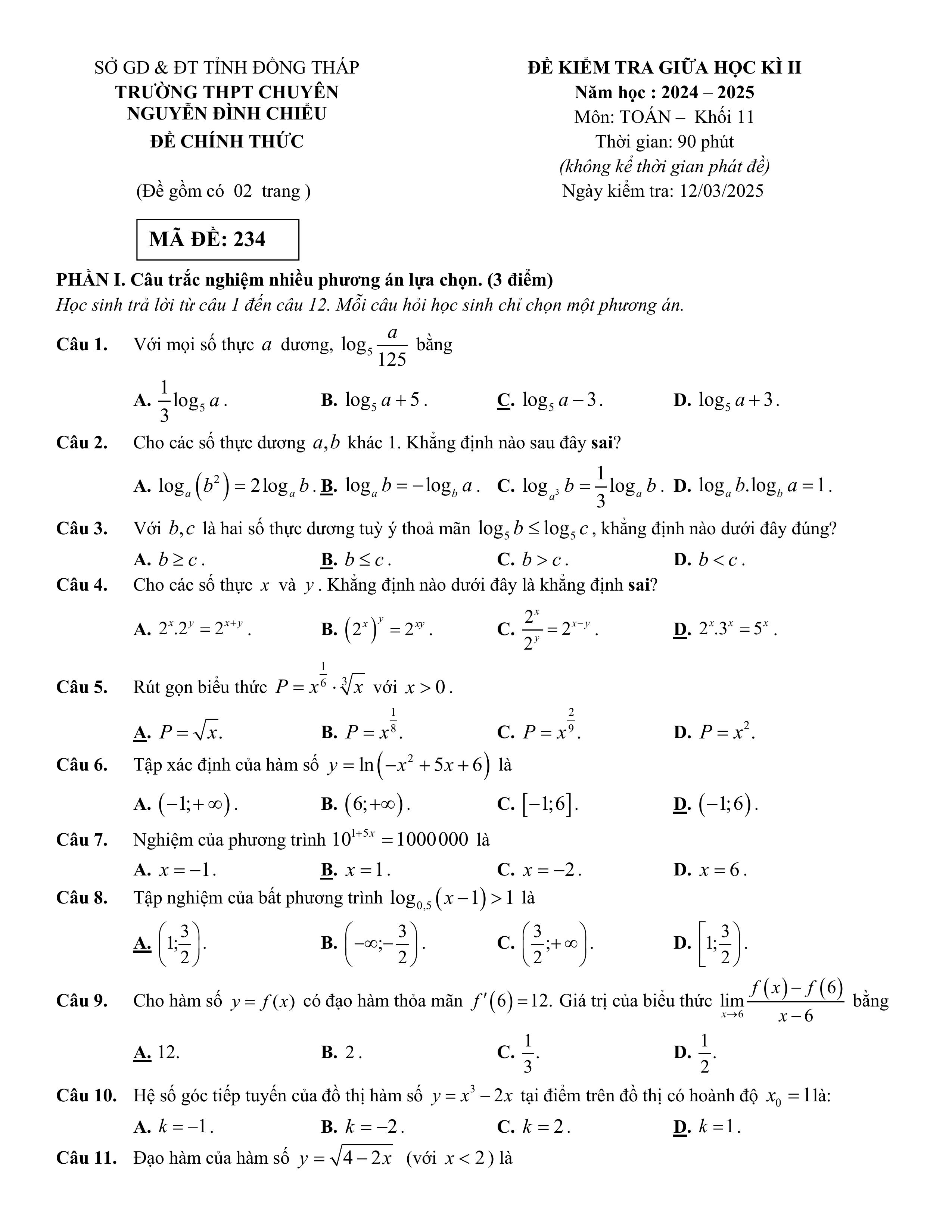 Đề thi Giữa kì 2 Toán 11 trường THPT chuyên Nguyễn Đình Chiểu (Đồng ...