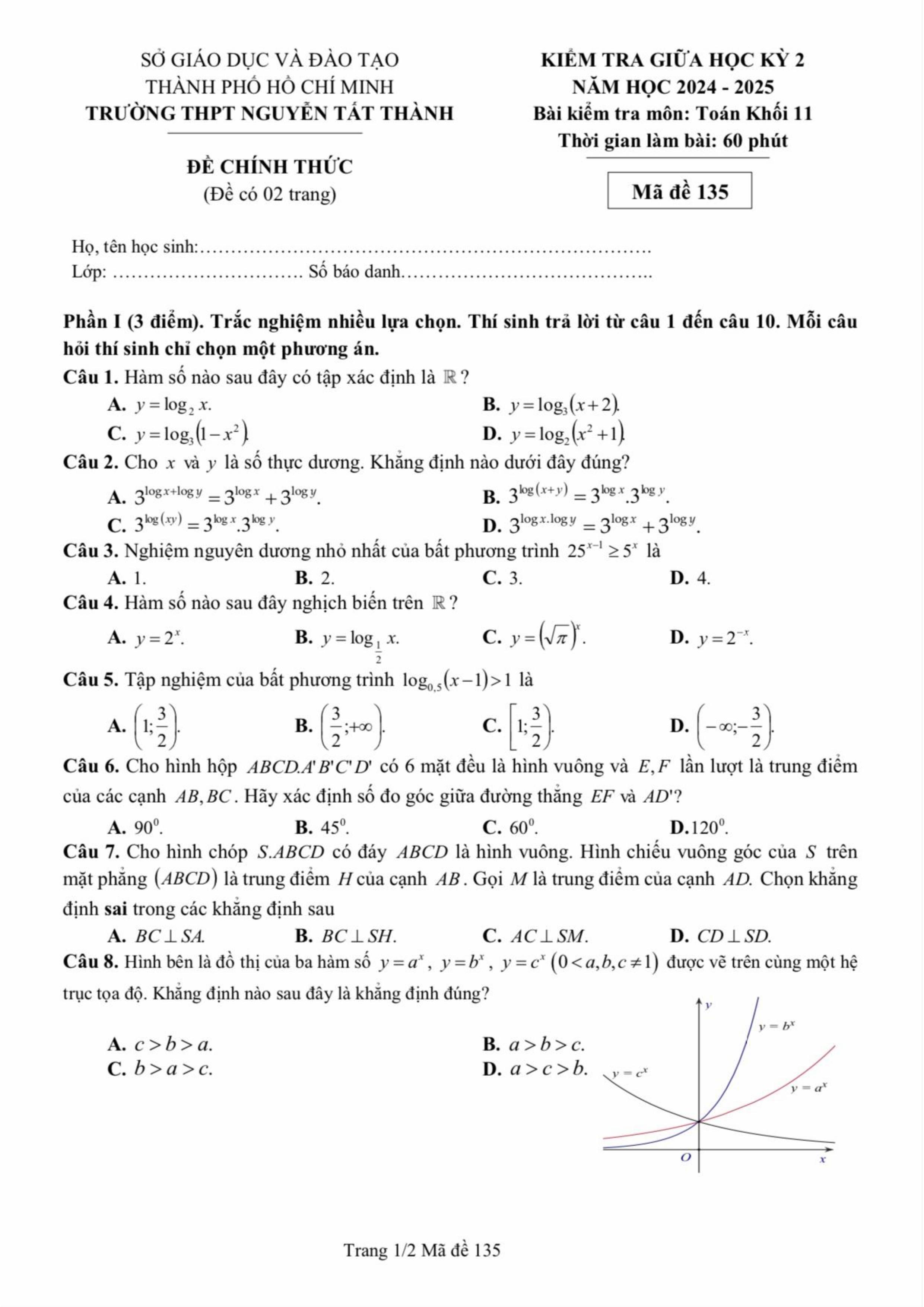 Đề thi Giữa kì 2 Toán 11 trường THPT Nguyễn Tất Thành (Hồ Chí Minh) năm ...