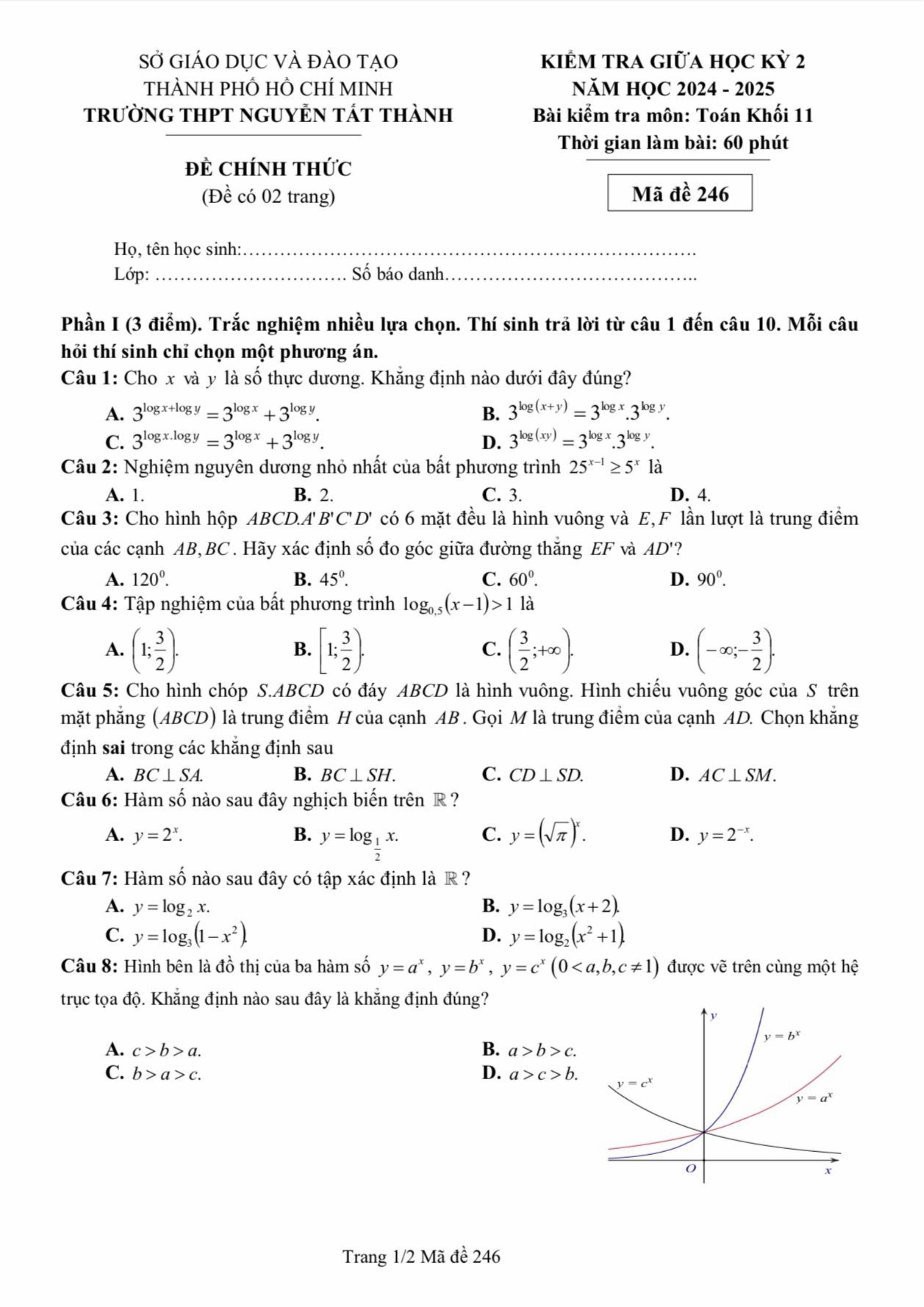 Đề thi Giữa kì 2 Toán 11 trường THPT Nguyễn Tất Thành (Hồ Chí Minh) năm ...