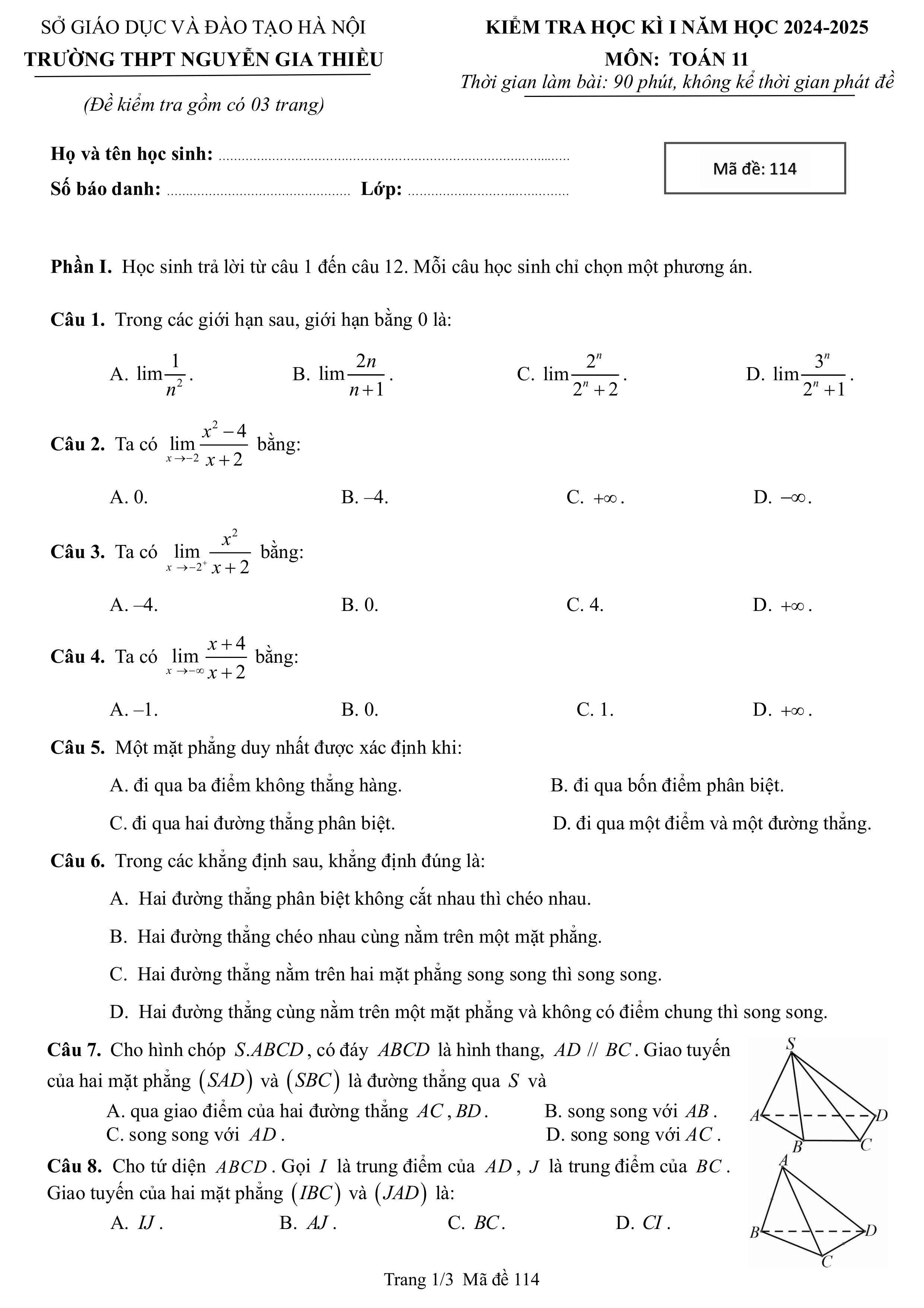 Đề thi Học kì 1 Toán 11 trường THPT Nguyễn Gia Thiều (Hà Nội) năm 2024–2025