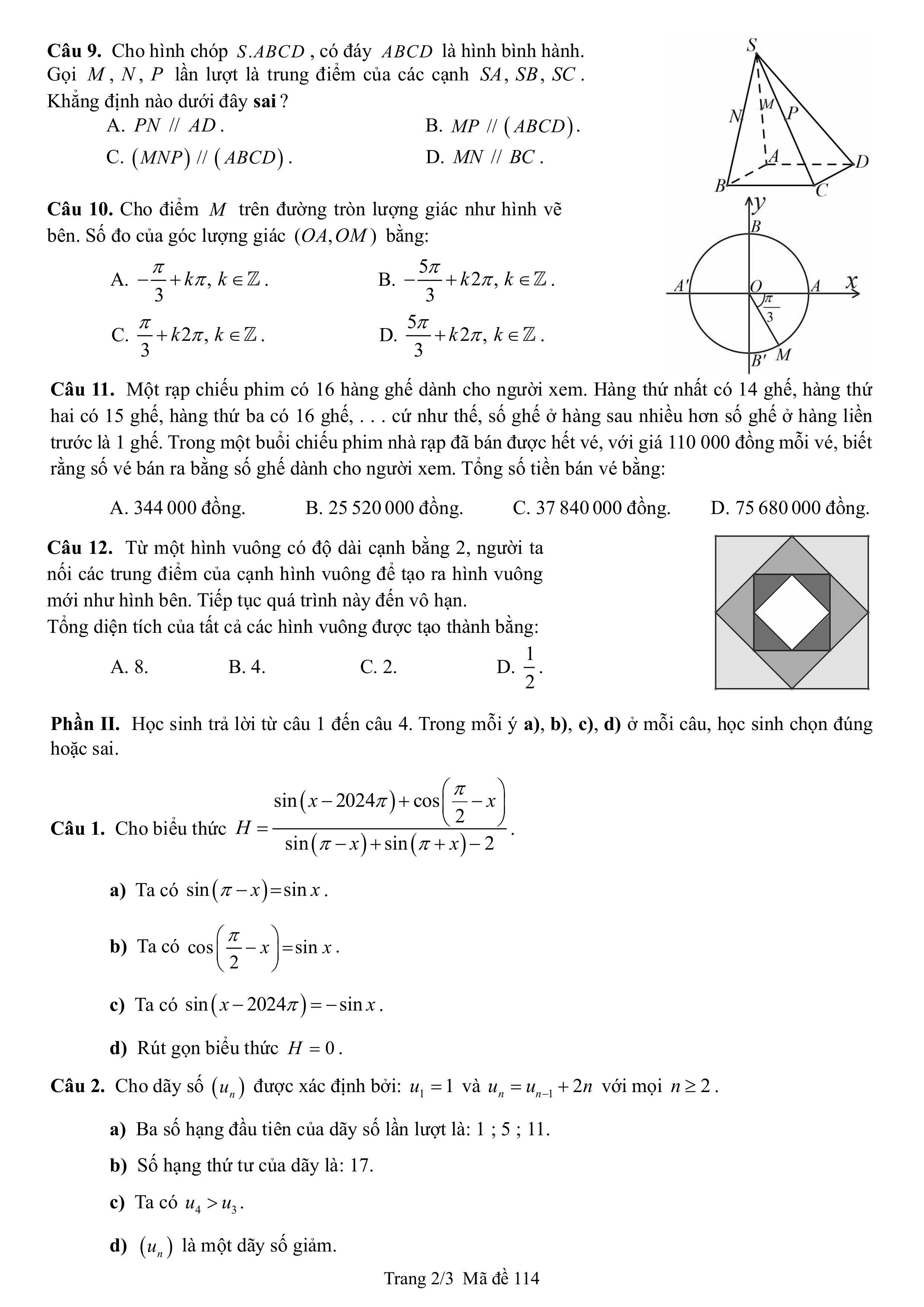 Đề thi Học kì 1 Toán 11 trường THPT Nguyễn Gia Thiều (Hà Nội) năm 2024–2025