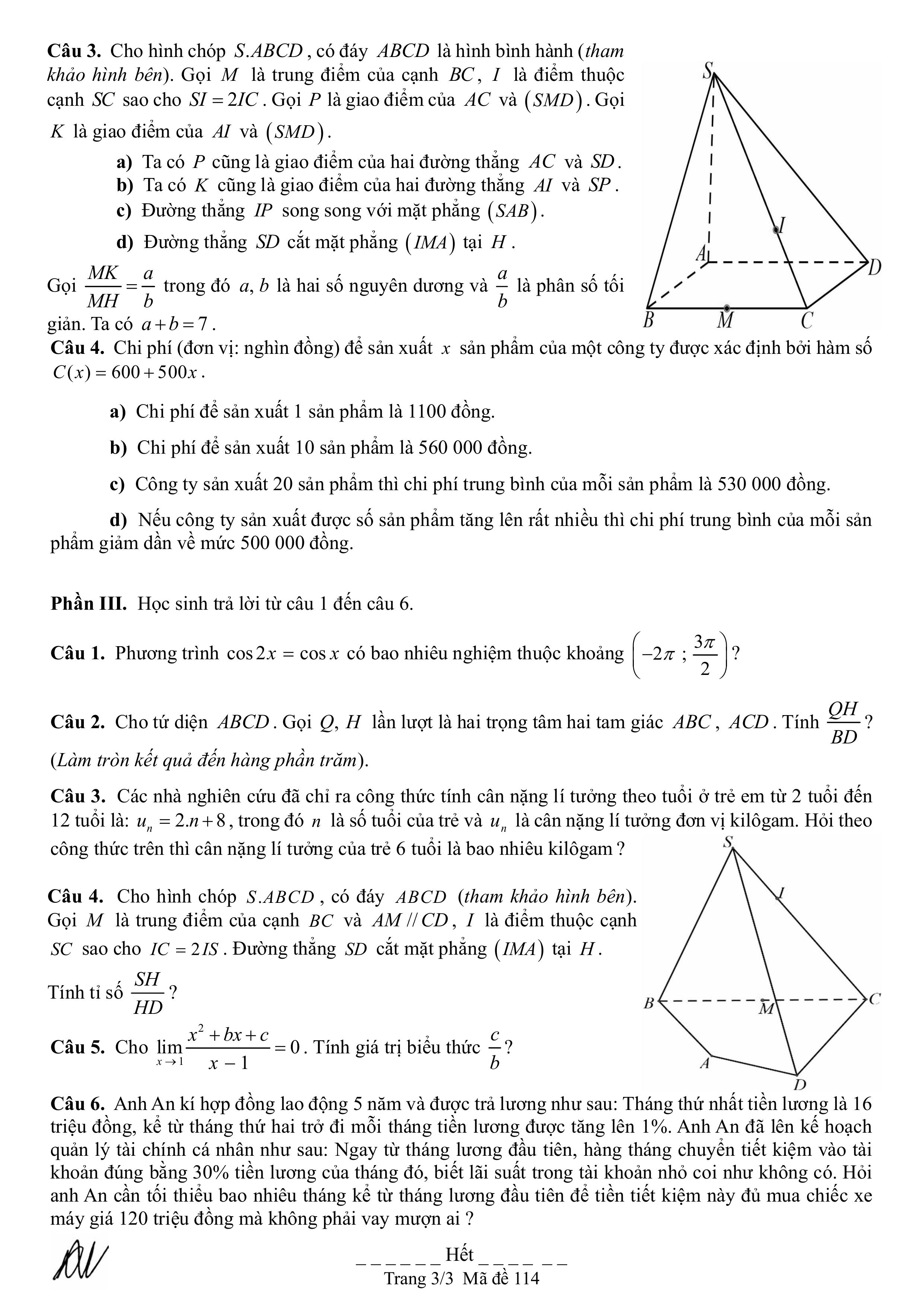 Đề thi Học kì 1 Toán 11 trường THPT Nguyễn Gia Thiều (Hà Nội) năm 2024–2025