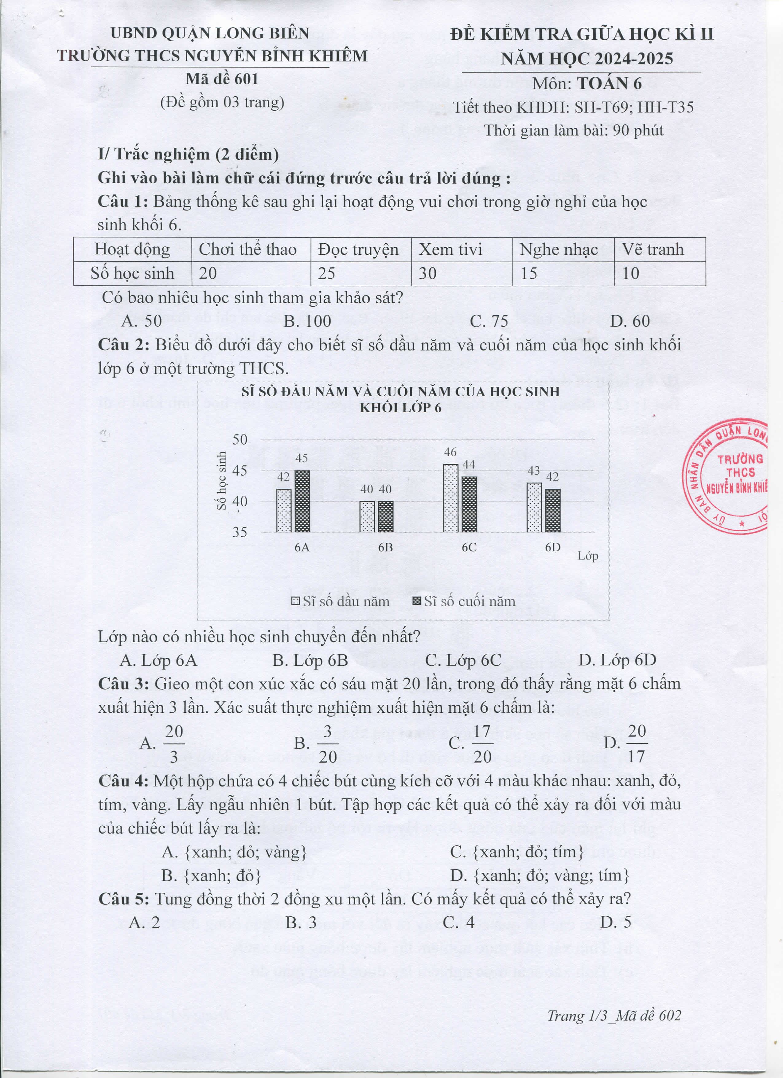 Đề thi Giữa kì 2 Toán 6 trường THCS Nguyễn Bỉnh Khiêm (Hà Nội) năm 2024 ...