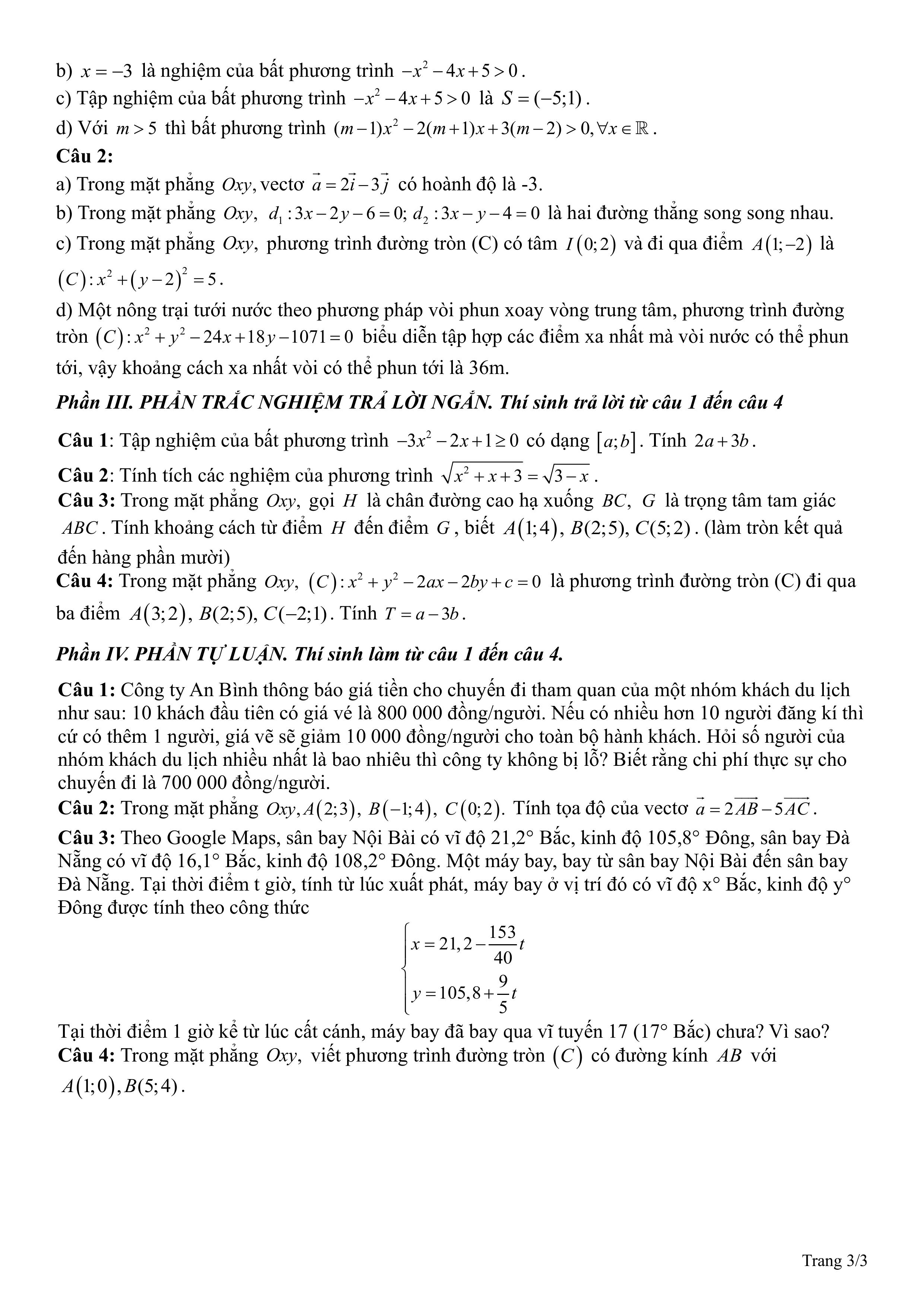 Đề thi Giữa kì 2 Toán 10 trường THPT Hà Long (Long An) năm 2024–2025